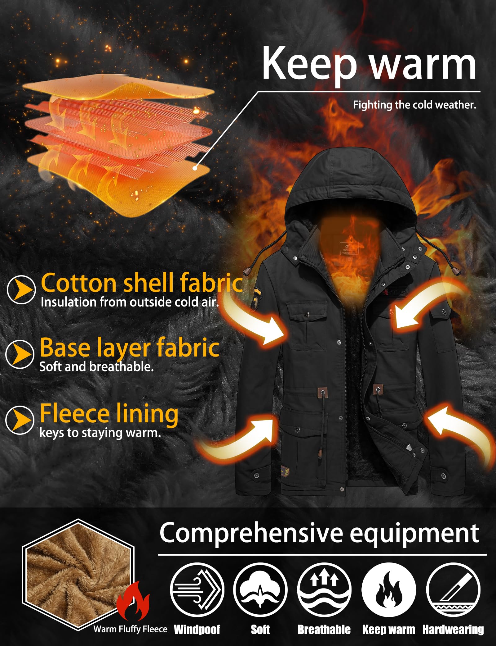 TACVASEN Mens Winter Jacket Fleece Warm Jackets Winter Coats for Men Military Work Coat with Hooded Black M