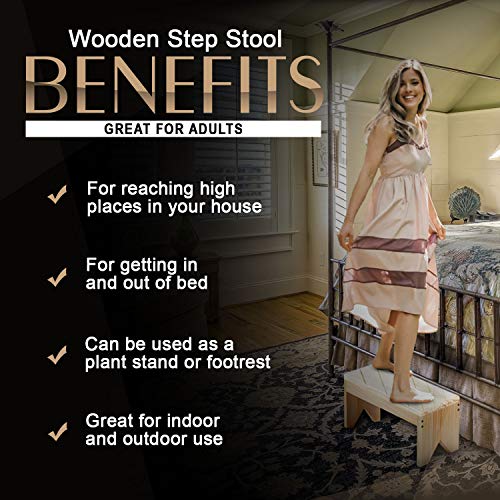 Wooden Step Stool for Adults & Kids - Very Sturdy, Bed Stool for High Beds, Kitchen, Bathroom, Closet. Made Lightweight Quality Eco Pine, Attractive & Easy to Assemble