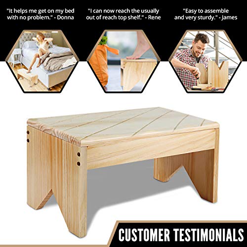 Wooden Step Stool for Adults & Kids - Very Sturdy, Bed Stool for High Beds, Kitchen, Bathroom, Closet. Made Lightweight Quality Eco Pine, Attractive & Easy to Assemble