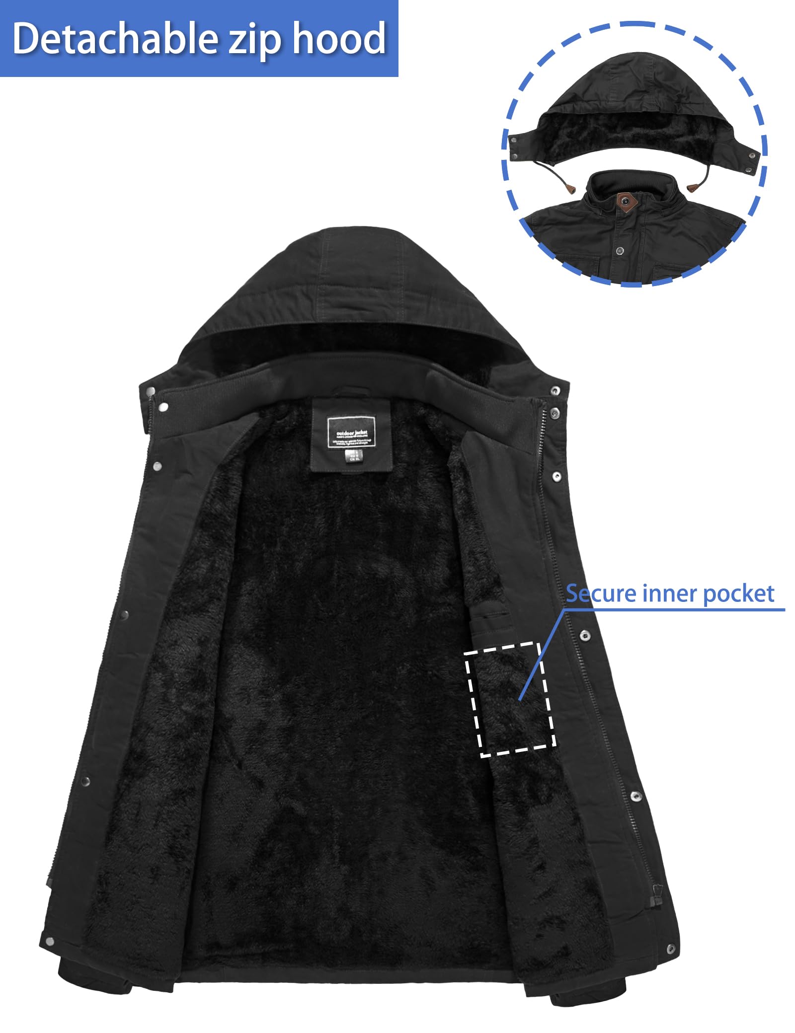 TACVASEN Mens Winter Jacket Fleece Warm Jackets Winter Coats for Men Military Work Coat with Hooded Black M