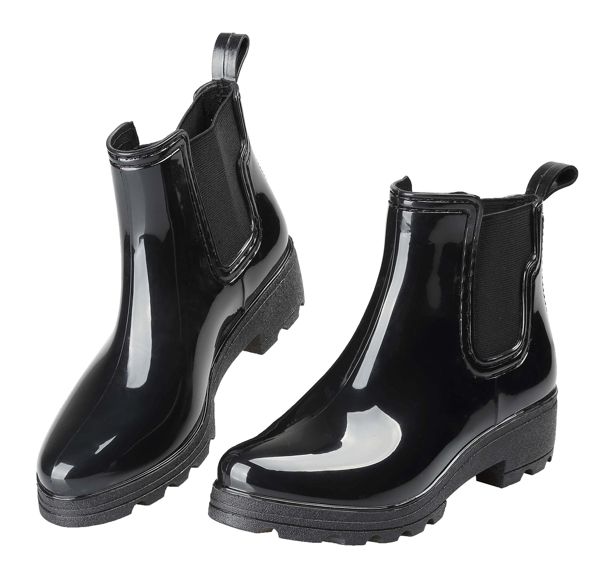 EYUSHIJIA Women's Short Rain Boots Waterproof Slip On Ankle Chelsea Booties (7 B(M), Black-A)