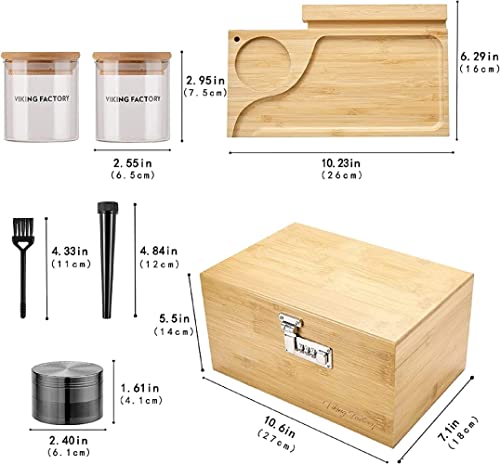 Viking Factory Decorative Box Set with Combination Lock - Premium Large Bamboo Storage Box Removable Tray Brush, Wooden Storage Roll Kit with All Accessories (Sliding Tray)