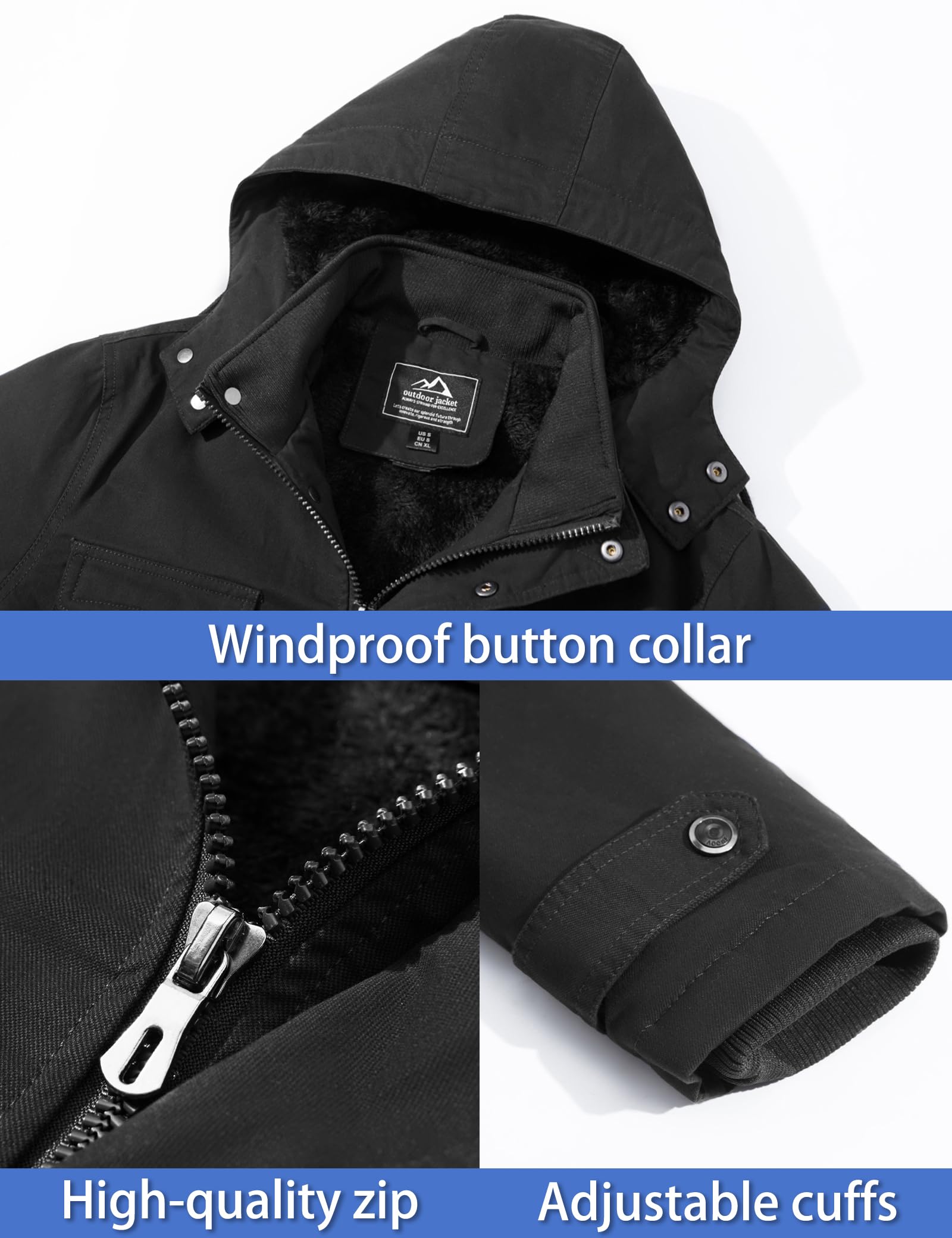 TACVASEN Mens Winter Jacket Fleece Warm Jackets Winter Coats for Men Military Work Coat with Hooded Black M