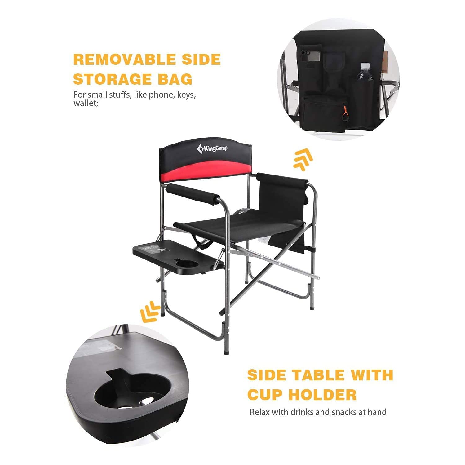 KingCamp Heavy Duty Camping Director Chair, Folding with Side Table & Storage, Red