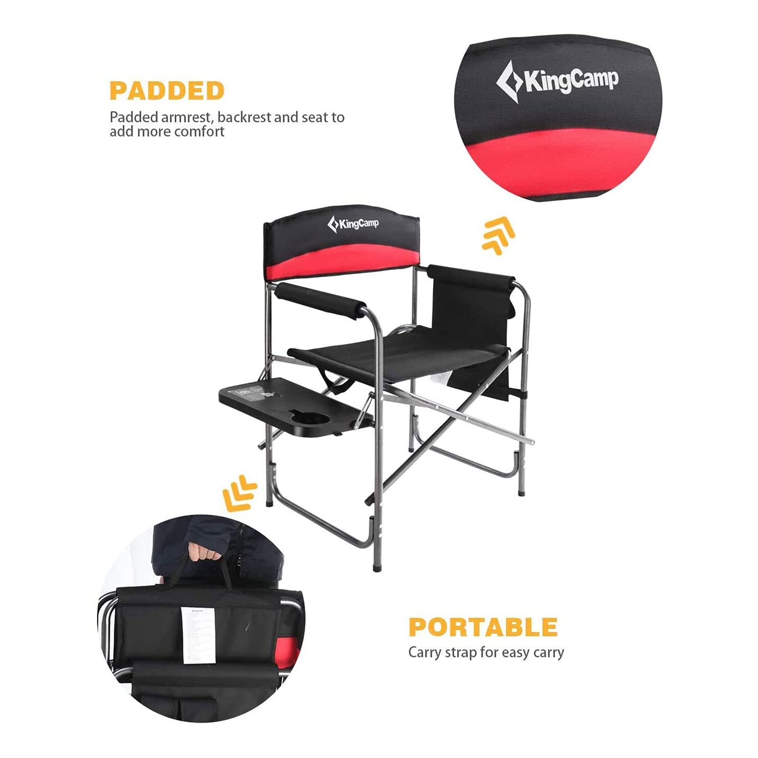 KingCamp Heavy Duty Camping Director Chair, Folding with Side Table & Storage, Red