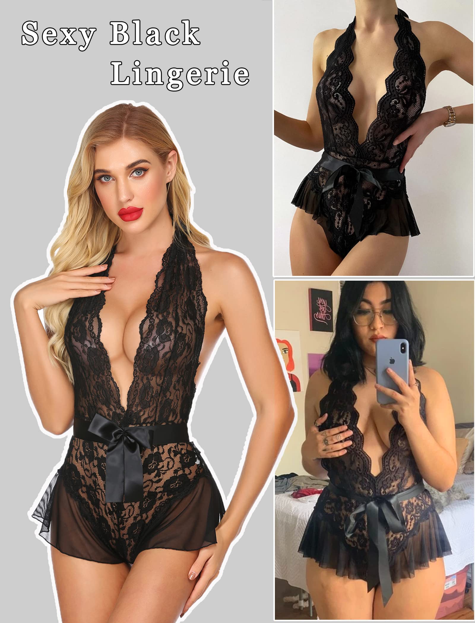 Avidlove Womens Halter Plunging Teddy Lace Lingerie Bodysuit One Piece Babydoll Black Small