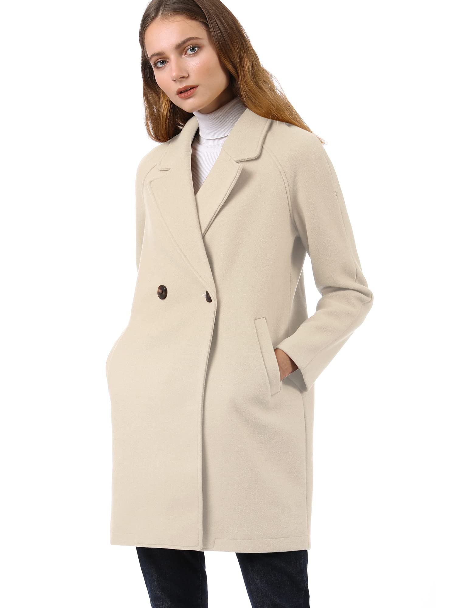 Allegra K Women's Notched Lapel Double Breasted Raglan Winter Coats Small Cream White