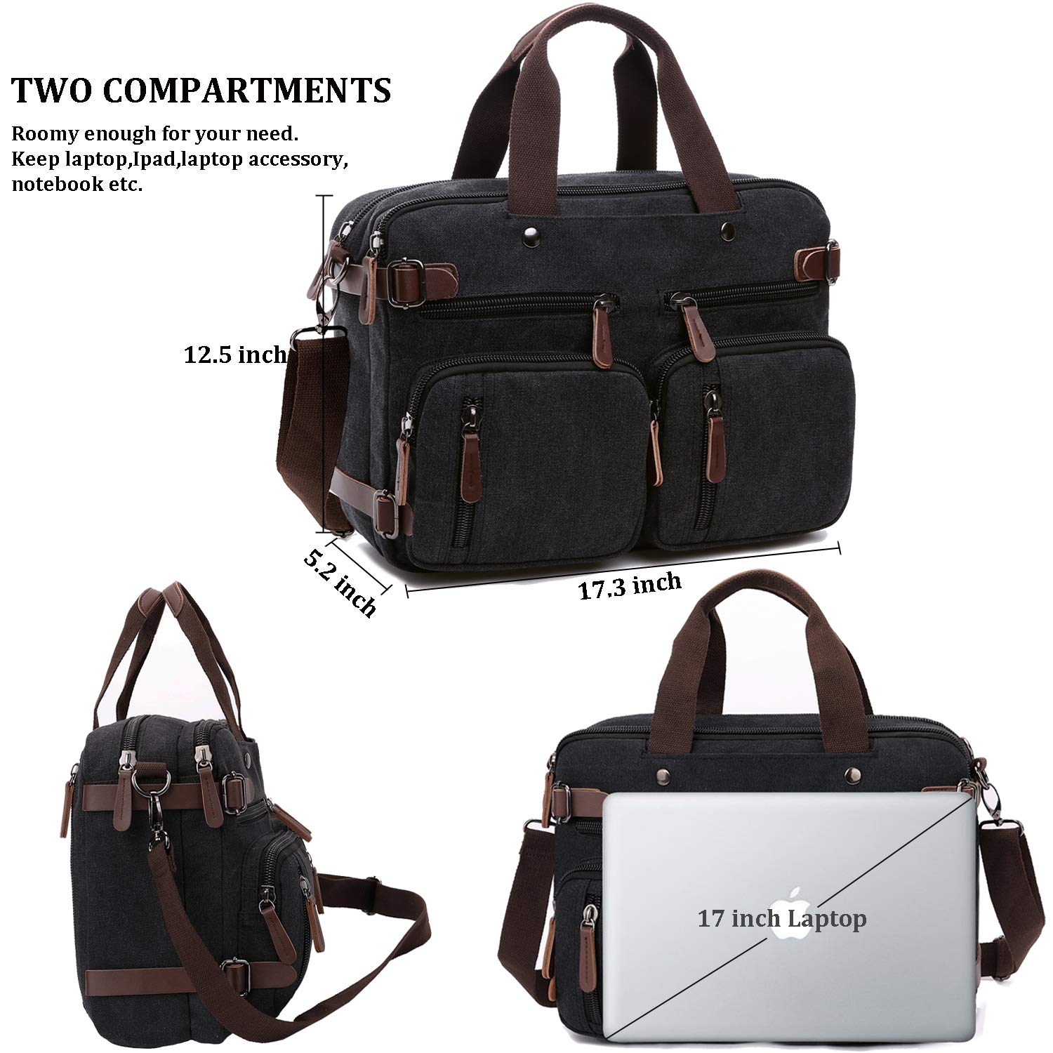 CROCOD 3 in 1 Convertible Laptop Backpack, 17.3 inch Messenger Bag for Men, Multi-Functional Travel Laptop Bag for College Men Women (17.3 Inch, Black)