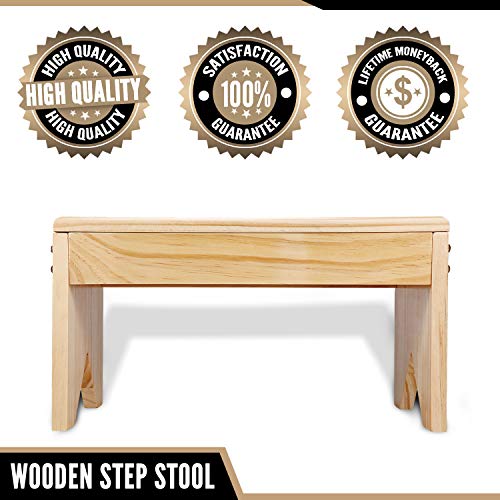 Wooden Step Stool for Adults & Kids - Very Sturdy, Bed Stool for High Beds, Kitchen, Bathroom, Closet. Made Lightweight Quality Eco Pine, Attractive & Easy to Assemble