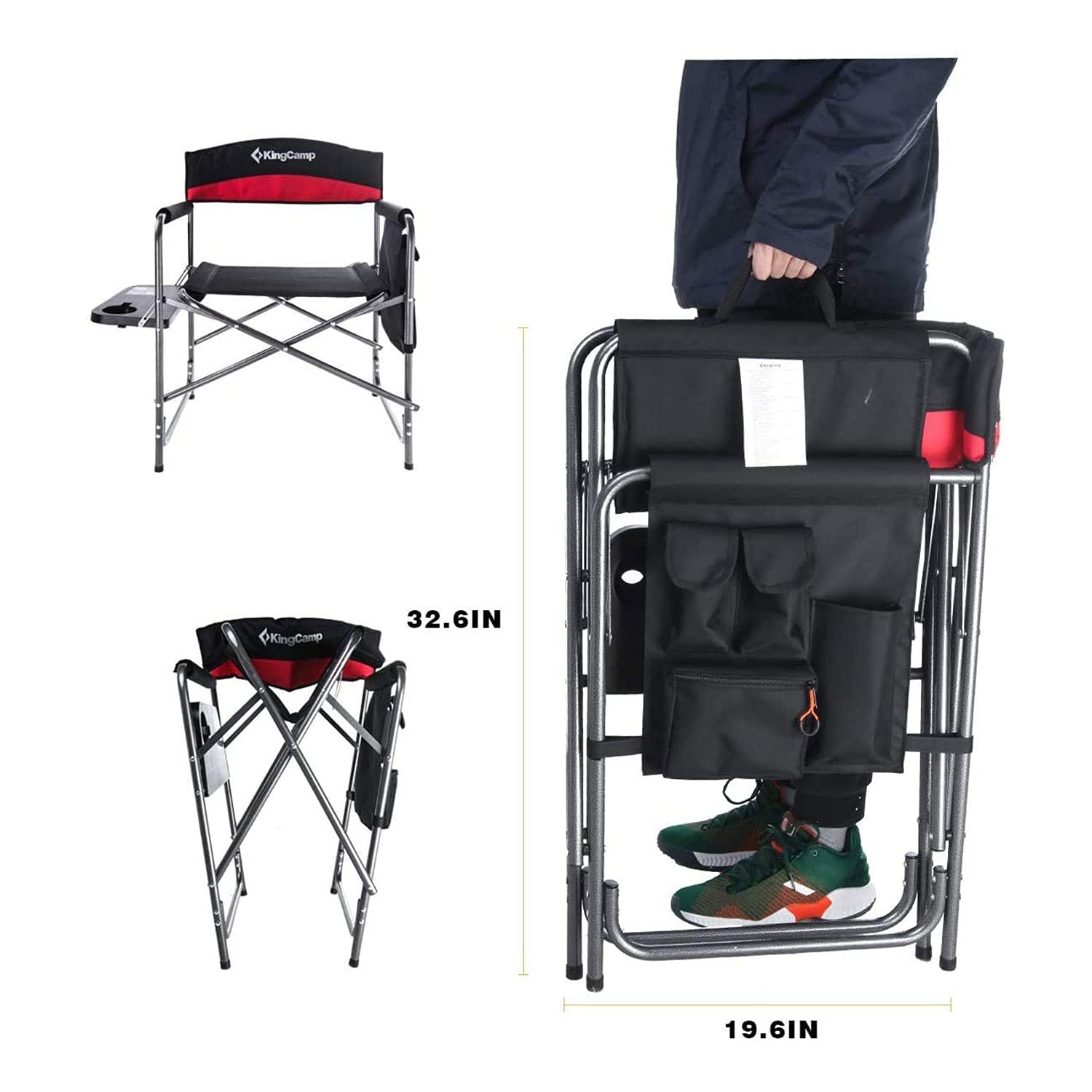 KingCamp Heavy Duty Camping Director Chair, Folding with Side Table & Storage, Red