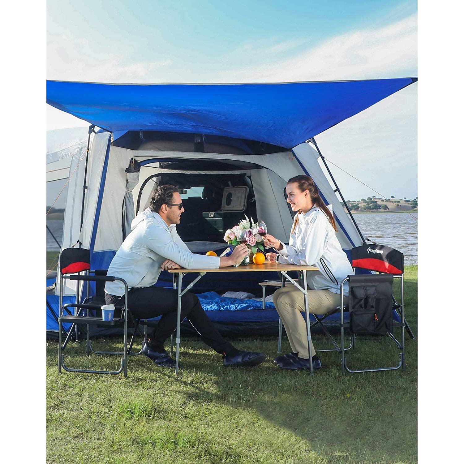 KingCamp Heavy Duty Camping Director Chair, Folding with Side Table & Storage, Red