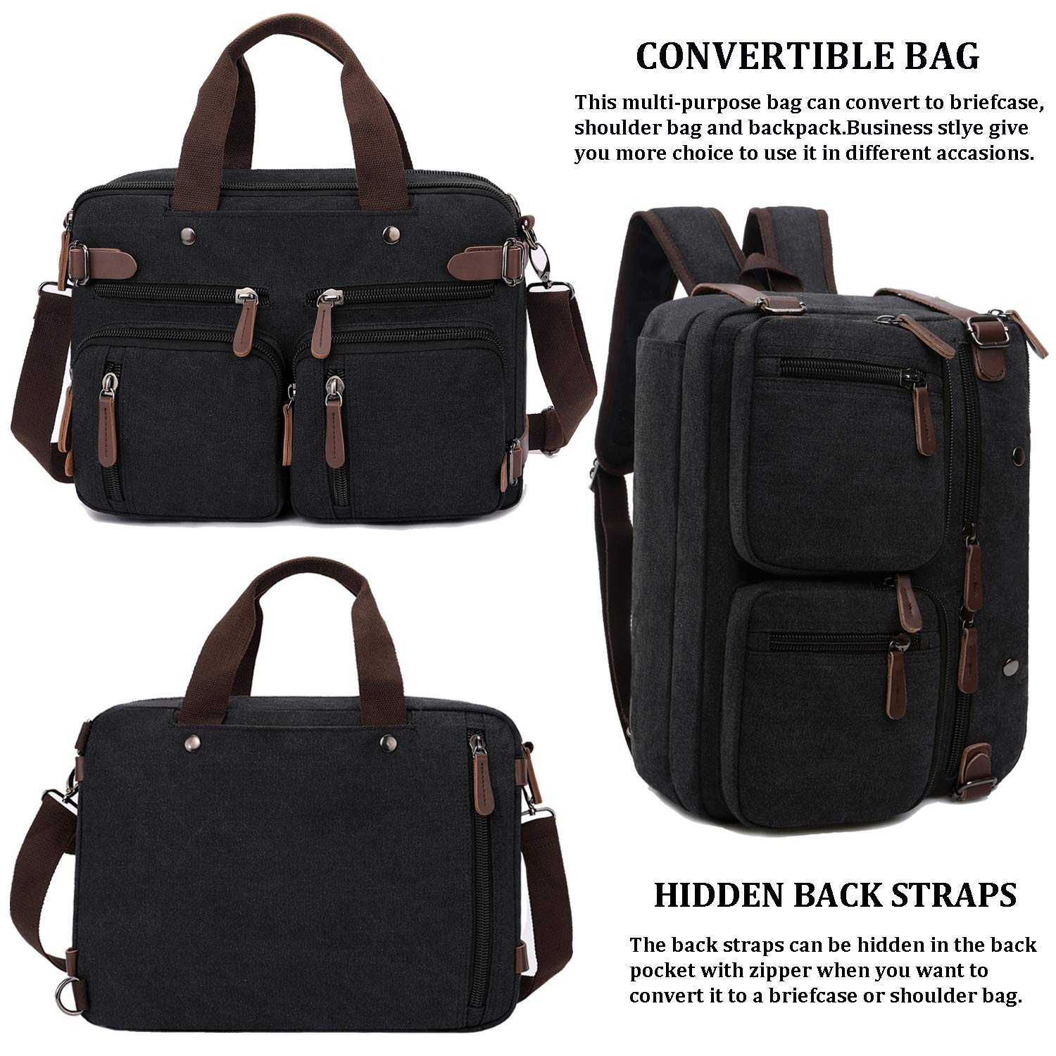 CROCOD 3 in 1 Convertible Laptop Backpack, 17.3 inch Messenger Bag for Men, Multi-Functional Travel Laptop Bag for College Men Women (17.3 Inch, Black)