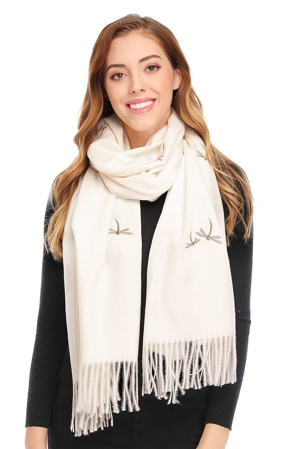 Bienvenu Dragonfly Detail Large Women Soft Cashmere Wool Wraps Shawls Stole Scarf,White