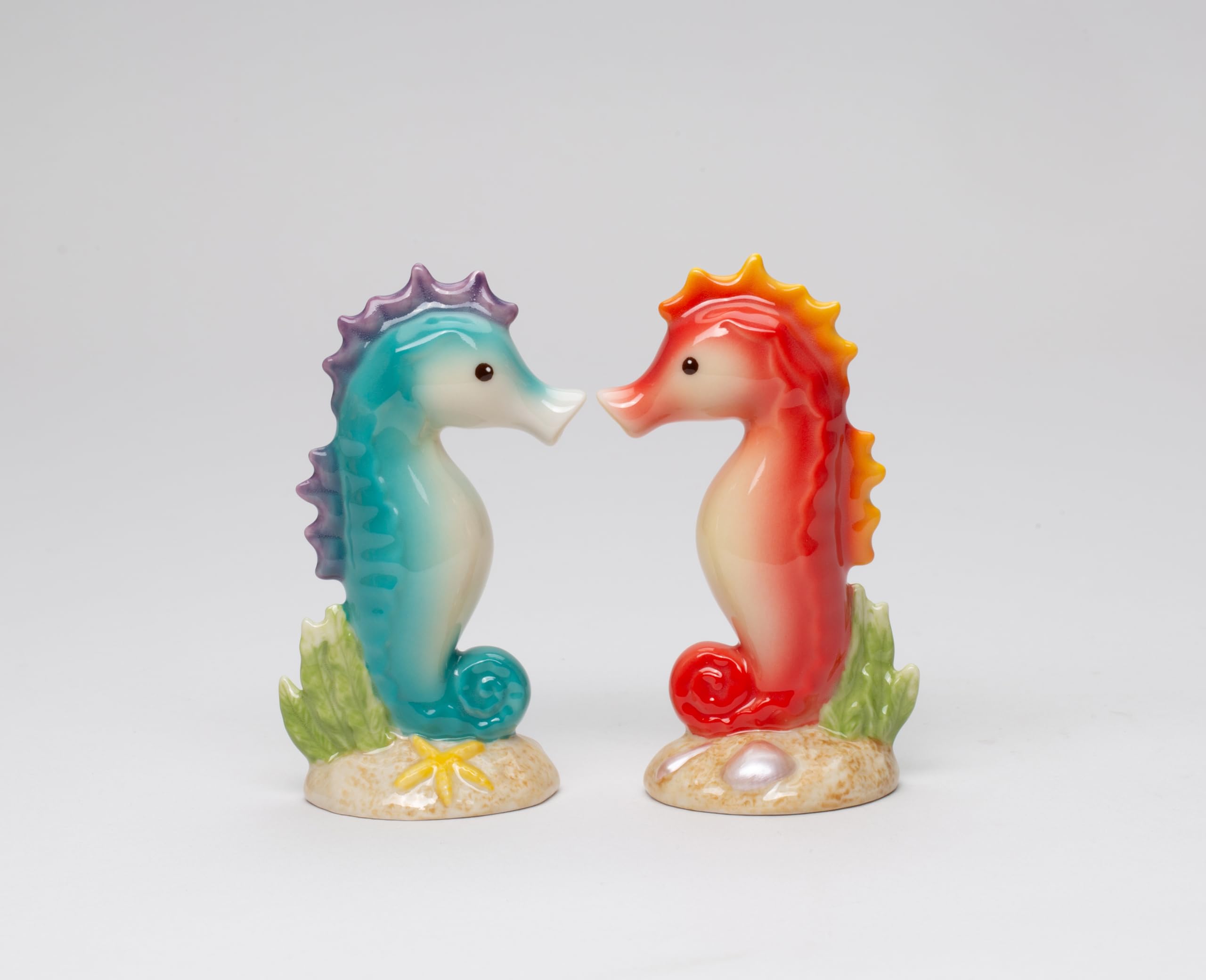 Fine Porcelain Colorful Seahorse Salt & Pepper Shakers Set, 4" H