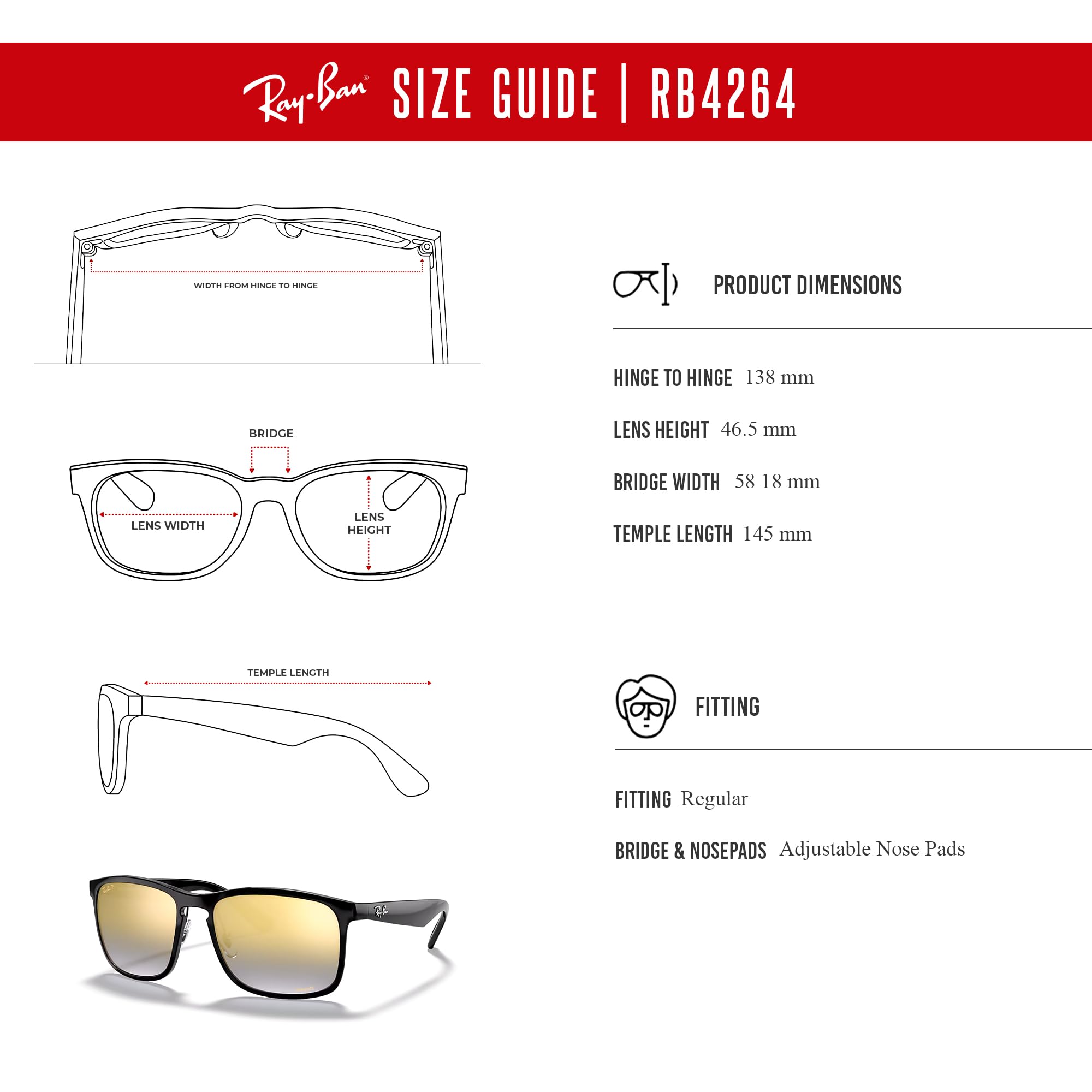 Ray-Ban RB4264 601/J0 58M Black/Blue Mirror Gold Gradient Polarized Rectangular Sunglasses For Men For Women + BUNDLE with Designer iWear Care Kit