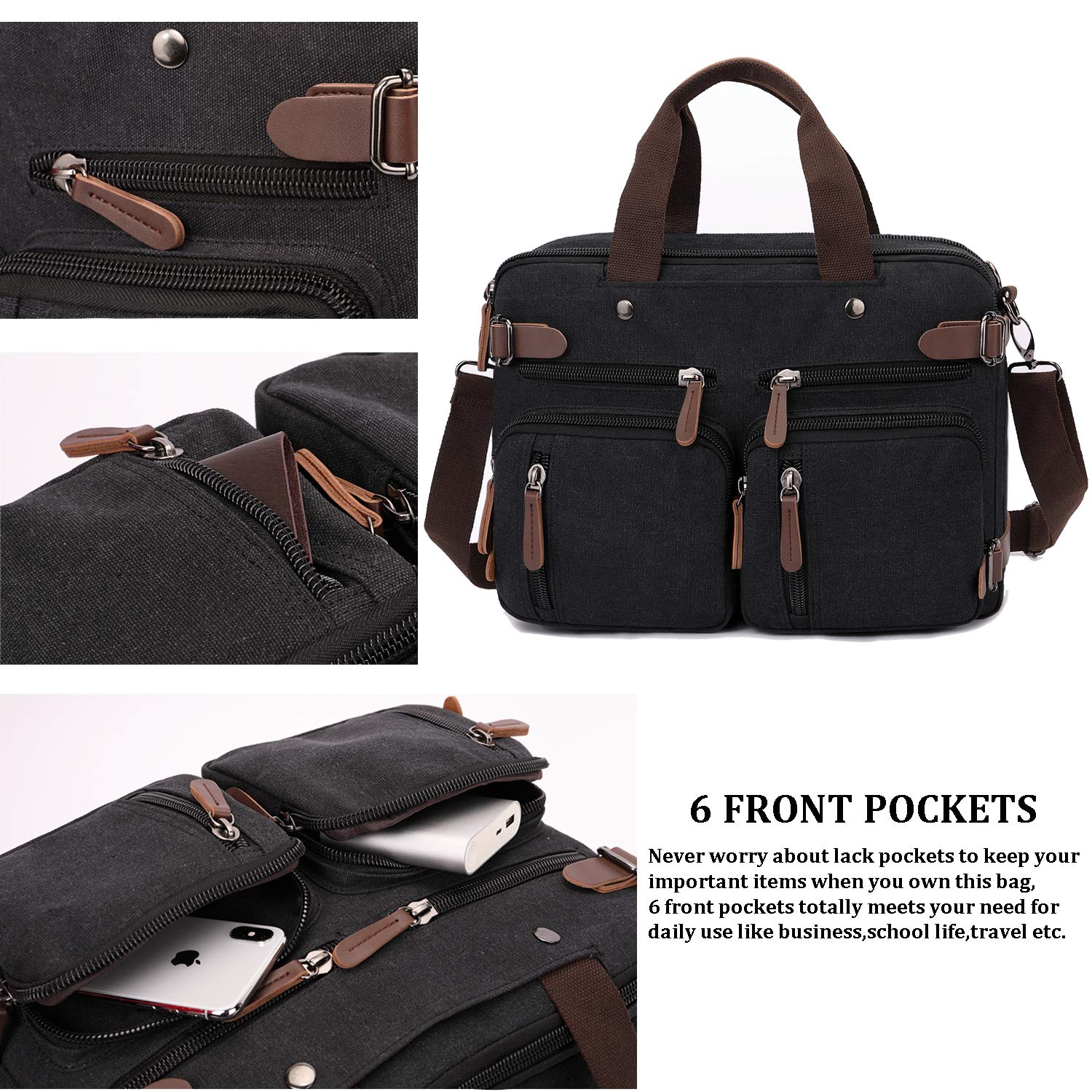 CROCOD 3 in 1 Convertible Laptop Backpack, 17.3 inch Messenger Bag for Men, Multi-Functional Travel Laptop Bag for College Men Women (17.3 Inch, Black)