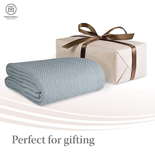 Threadmill Luxury Cotton Blankets for Twin Size Bed | All-Season 100% Cotton Twin Blanket for Bed | Herringbone Soft & Cozy Fall Thermal Blanket, 350GSM, 68x92 inches | Sage Green
