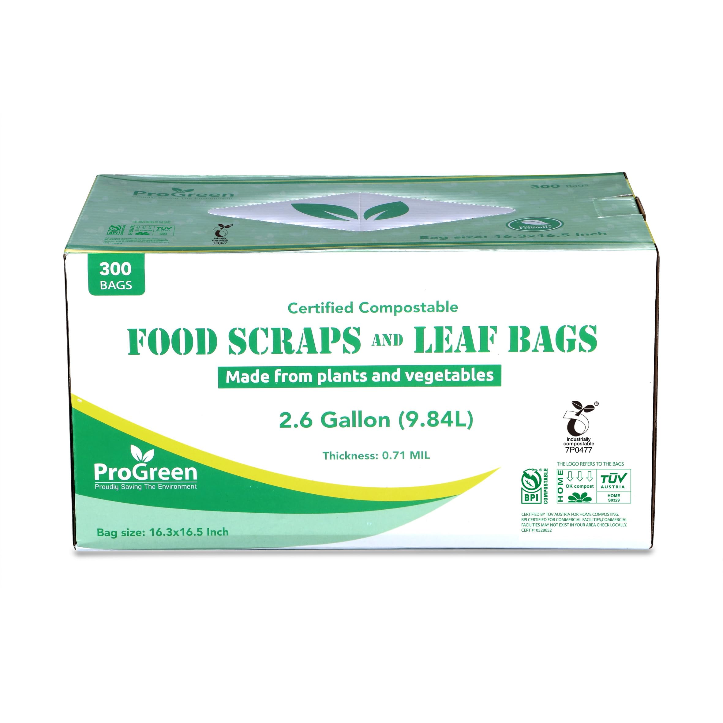 ProGreen Compostable Bags 2.6 Gallon, 300 Count, Extra Thick 0.71 Mil, Small Compost Kitchen Trash Bags, Food Scraps Yard Waste Bags, Compost ASTM D6400 BPI and TÜV AUSTRIA Certified