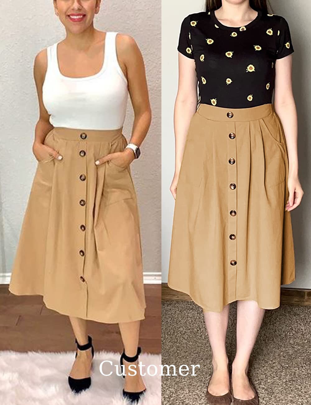 Naggoo Womens Summer A-Line High Waisted Button Pleated Midi Skirt Khaki Large