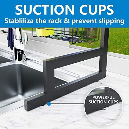 HEITICUP 2 Tier Dish Drying Rack, Adjustable & Space-Saving Over The Sink Dish Drying Rack(from 25.6" to 33.5") Multifunctional Black Stainless Steel Dish Drying Rack