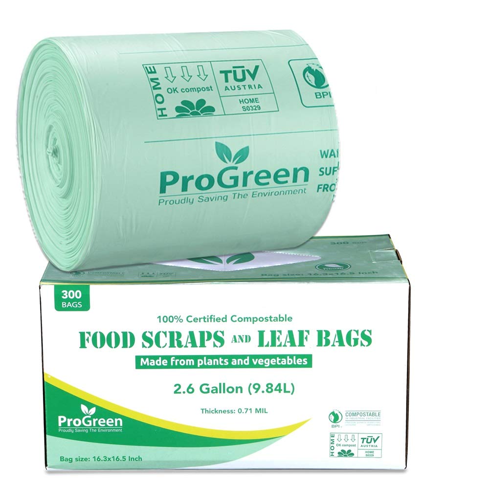 ProGreen Compostable Bags 2.6 Gallon, 300 Count, Extra Thick 0.71 Mil, Small Compost Kitchen Trash Bags, Food Scraps Yard Waste Bags, Compost ASTM D6400 BPI and TÜV AUSTRIA Certified