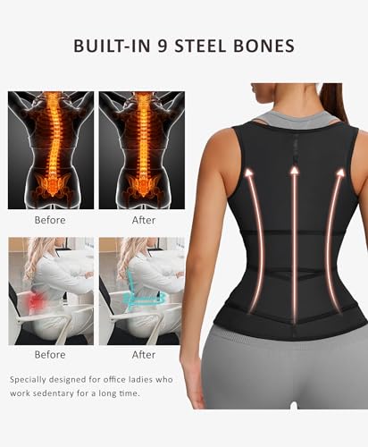 FeelinGirl Plus Size Latex Waist Vest Cincher Corset Vest Waist Trimmer Belt Body Shaper Workout with 9 Steel Bones
