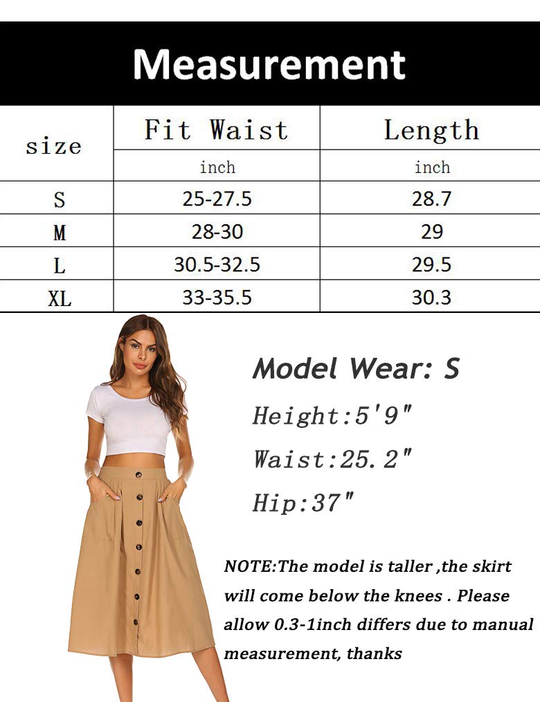 Naggoo Womens Summer A-Line High Waisted Button Pleated Midi Skirt Khaki Large