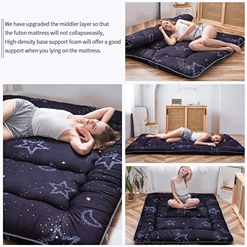 MAXYOYO Black Moon and Star Futon Mattress, Japanese Floor Mattress Folding Tatami Floor Mat Portable Camping Mattress Kids Sleeping Pad Floor Lounger Couch Bed, Thickness：8CM, Full Size