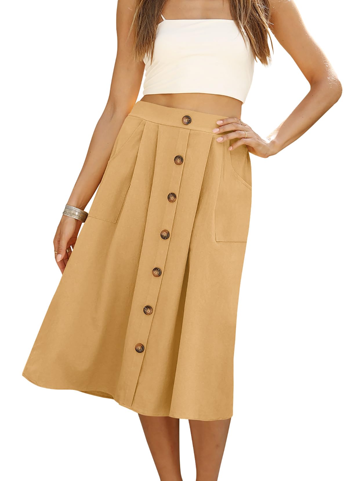 Naggoo Womens Summer A-Line High Waisted Button Pleated Midi Skirt Khaki Large