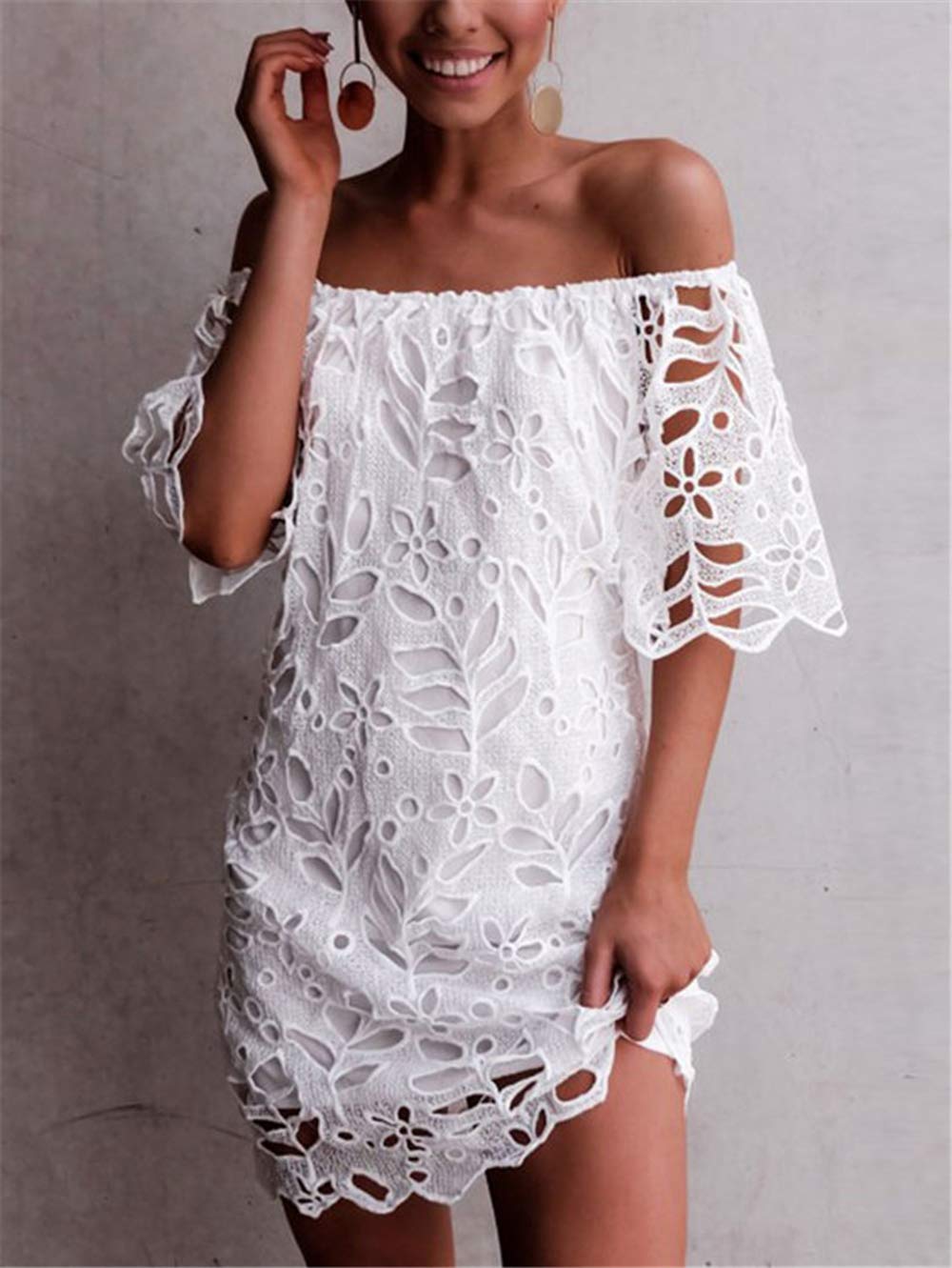 PRETTYGARDEN Women's Summer Off Shoulder Vintage Floral Lace Flare Short Sleeve Loose Elegant Mini Dress (White,Large)