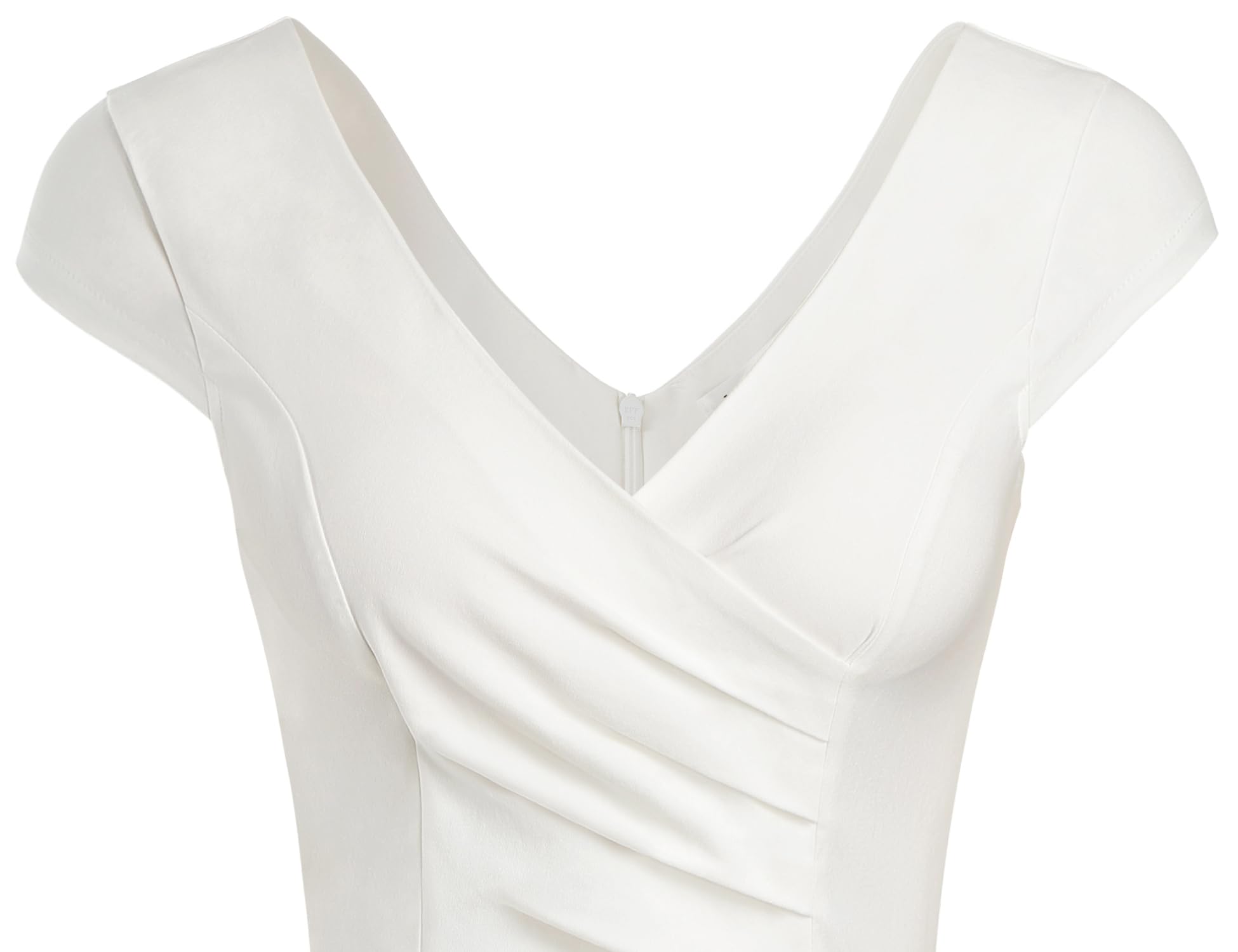 MUXXN Ladies Cut Out Neck High Stretch Pleated Wear to Work Midi Office Dress with Sleeve (Off White L)