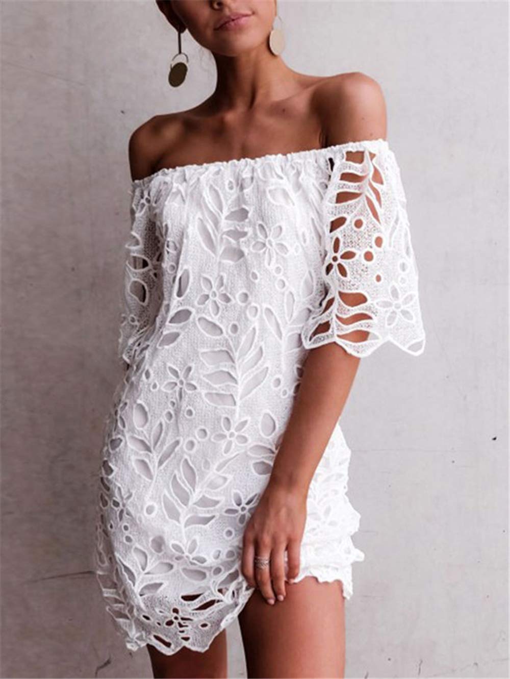 PRETTYGARDEN Women's Summer Off Shoulder Vintage Floral Lace Flare Short Sleeve Loose Elegant Mini Dress (White,Large)