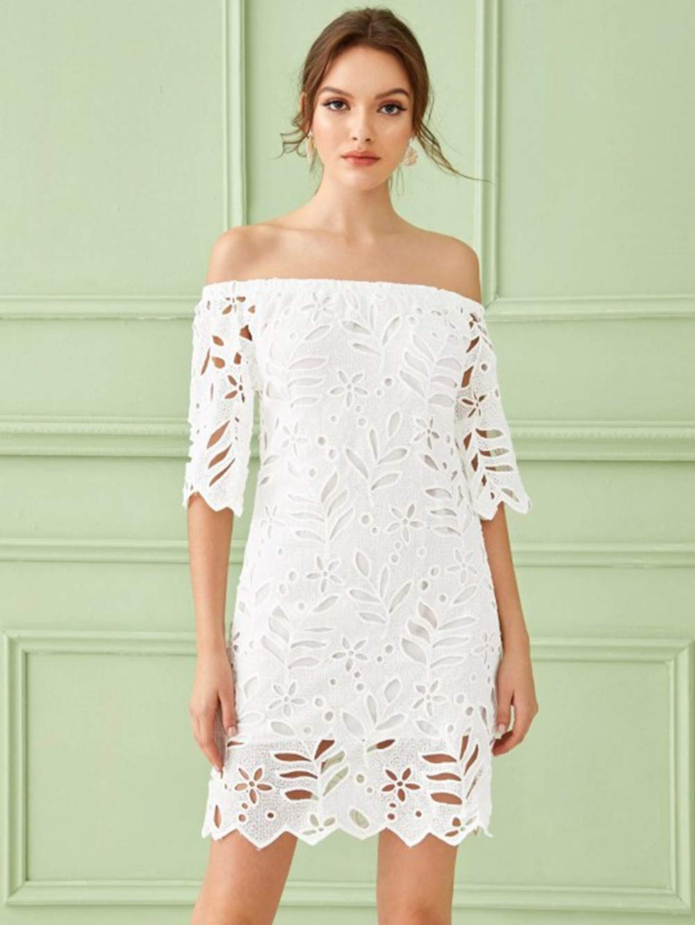 PRETTYGARDEN Women's Summer Off Shoulder Vintage Floral Lace Flare Short Sleeve Loose Elegant Mini Dress (White,Large)