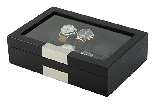 TIMELYBUYS 10 Piece Personalized Black Wood Watch Display Case Storage Organizer Box with Stainless Steel Accents