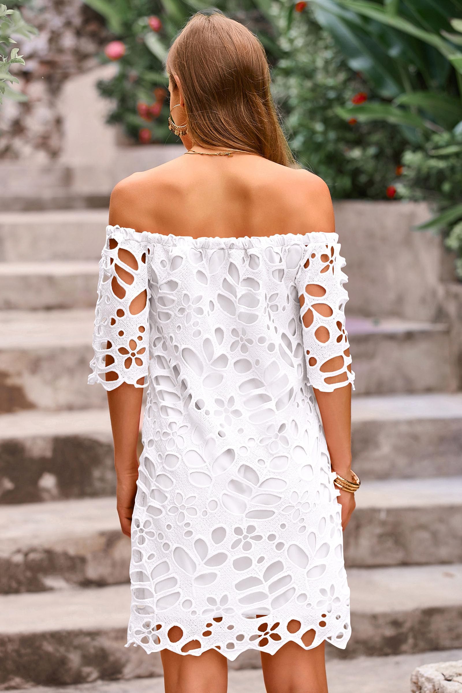 PRETTYGARDEN Women's Summer Off Shoulder Vintage Floral Lace Flare Short Sleeve Loose Elegant Mini Dress (White,Large)