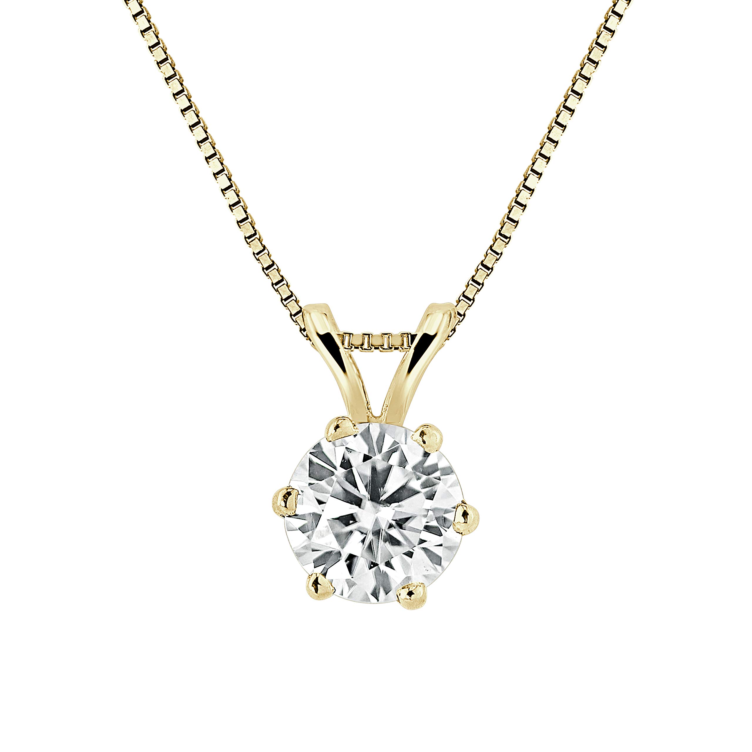 Diamond Wish 1/2 Carat Moissanite Round Solitaire Pendant Necklace in 14k Yellow Gold (J-K, 5 mm) 6-Prong 16 to 18 Inch Adjustable Chain Spring Ring