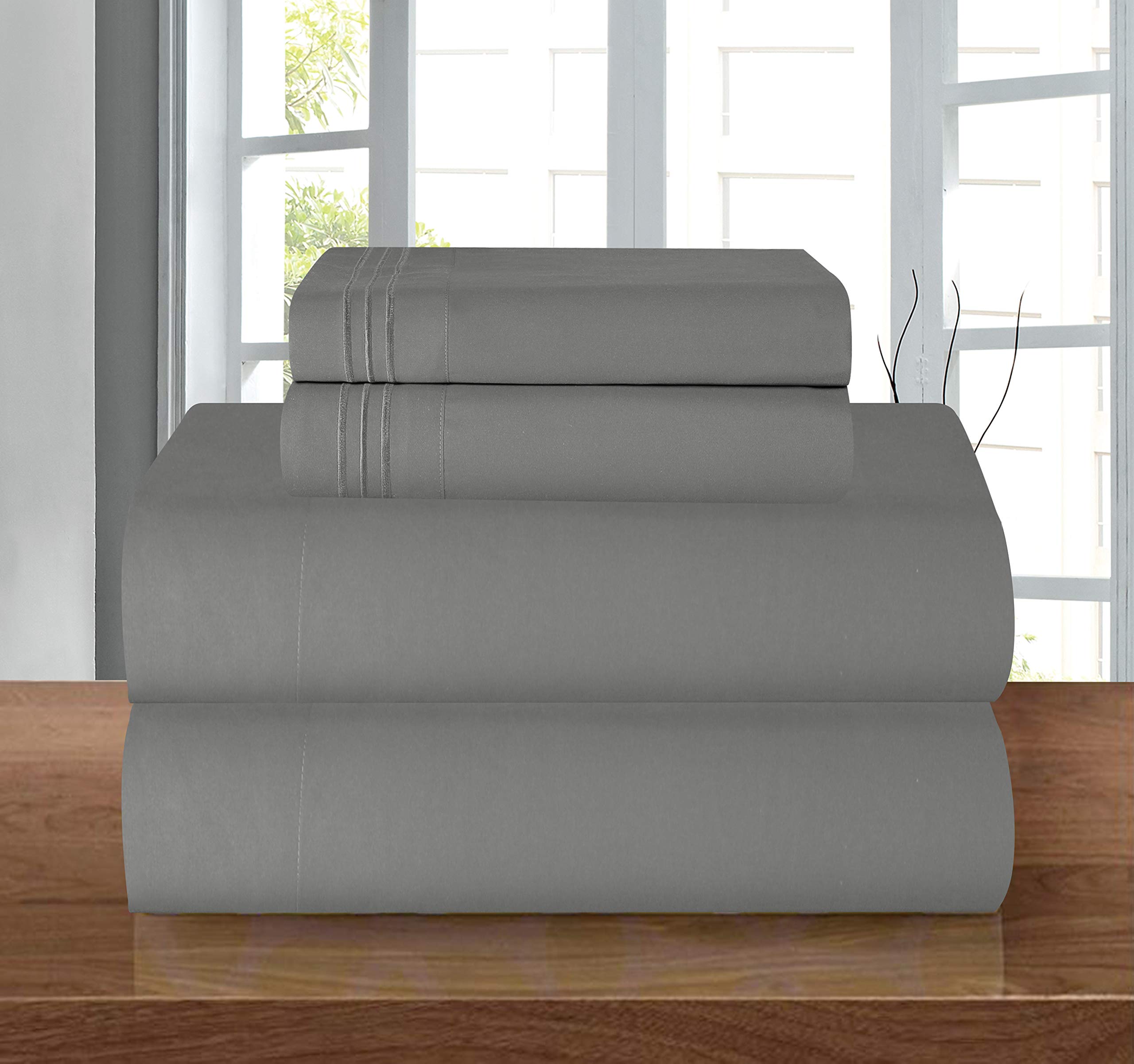 Elegant Comfort Luxury 1500 Premium Hotel Quality Microfiber 4-Piece Sheet Set - Wrinkle Resistant, All Around Elastic Fitted Sheet, Deep Pocket up to 16", Full, Grey