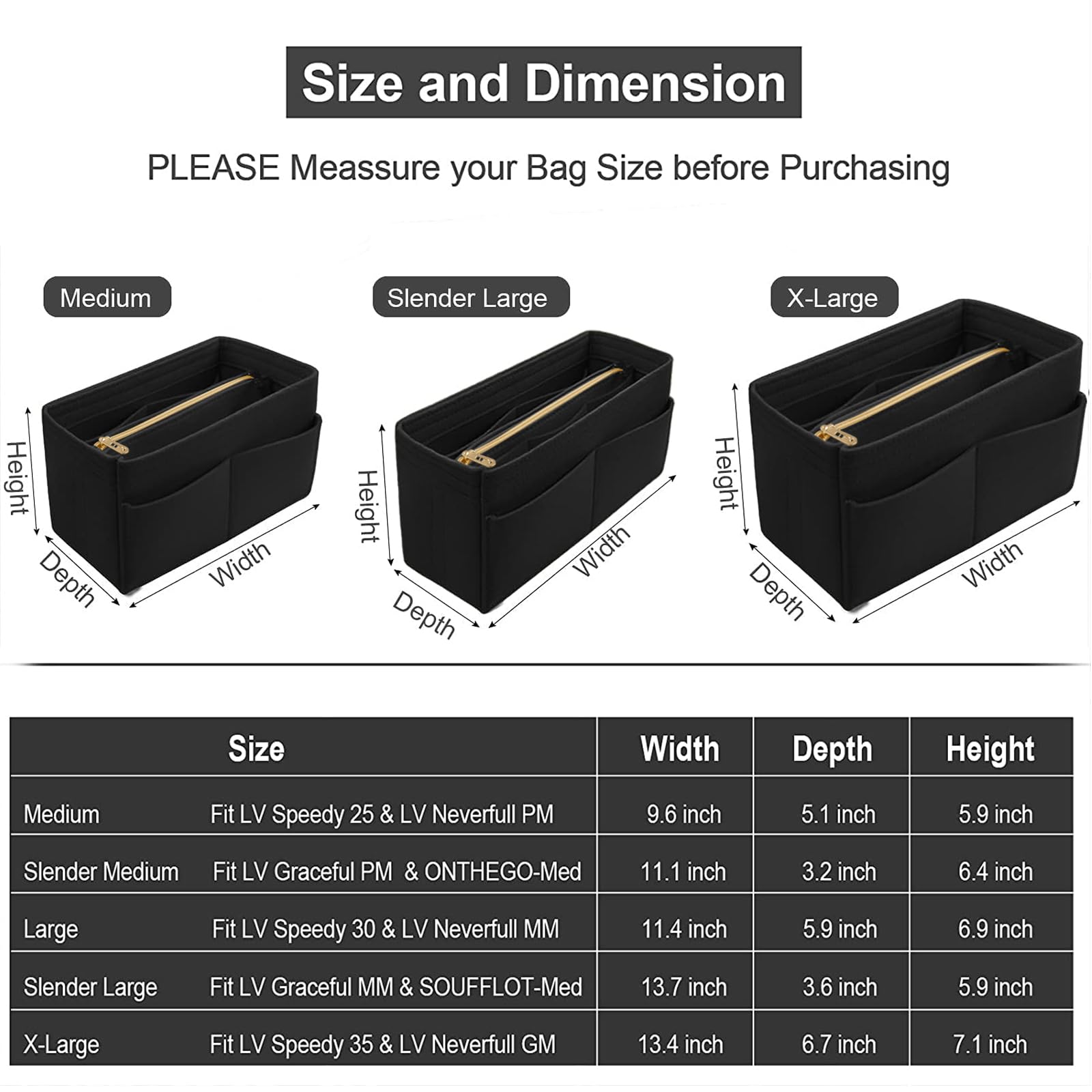 OMYSTYLE Black Organizer Insert, Felt Tote Bag Organizer Insert with 5 Sizes, Handbag Dividers for Inside Purse, Compatible with Longchamp, Neverful, Speedy and More