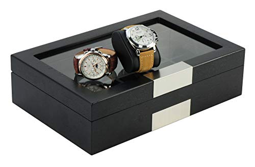 TIMELYBUYS 10 Piece Personalized Black Wood Watch Display Case Storage Organizer Box with Stainless Steel Accents