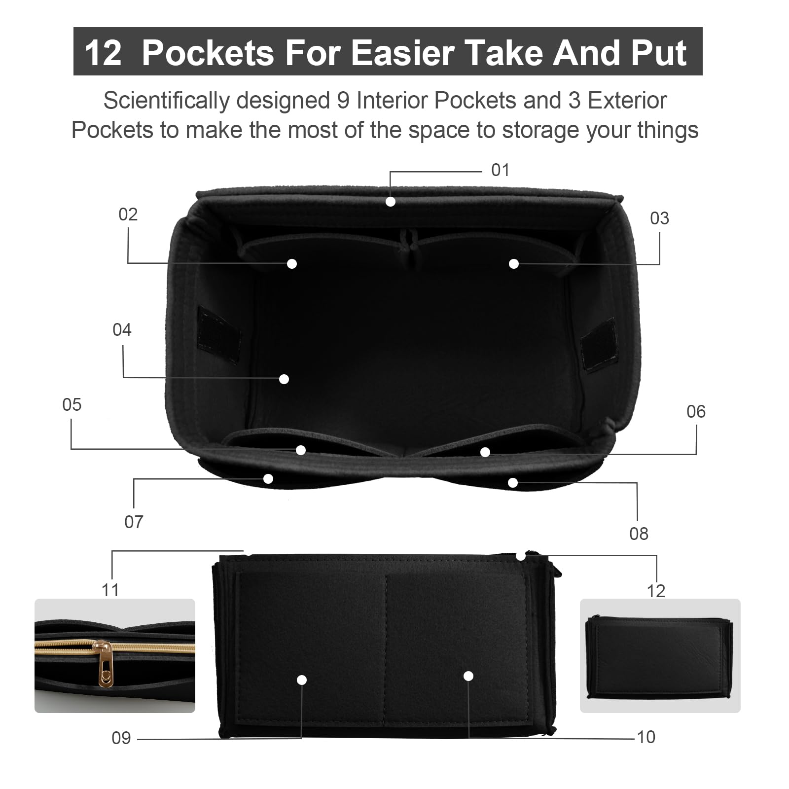 OMYSTYLE Black Organizer Insert, Felt Tote Bag Organizer Insert with 5 Sizes, Handbag Dividers for Inside Purse, Compatible with Longchamp, Neverful, Speedy and More