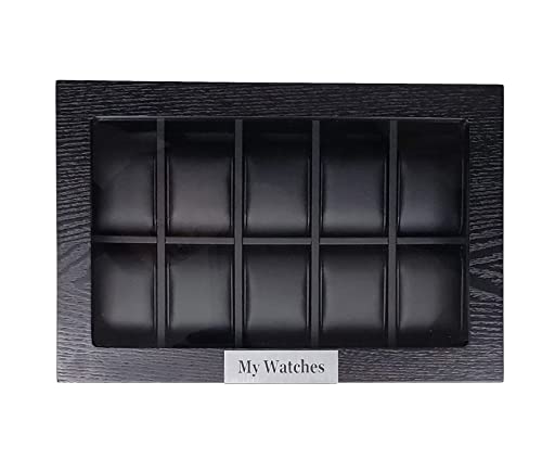 TIMELYBUYS 10 Piece Personalized Black Wood Watch Display Case Storage Organizer Box with Stainless Steel Accents