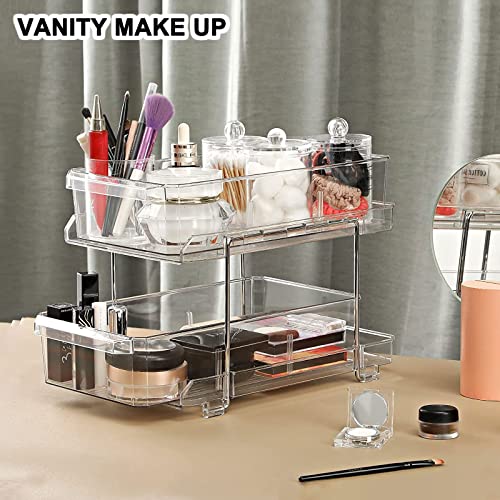 2 Set 2 Tier Clear Organizers and Storage with Dividers, Pull Out Under Sink Organizer, Multi-Purpose Drawer Basket, Kitchen Bathroom Countertop Vanity Pantry, Medicine Cabinet Storage Bins