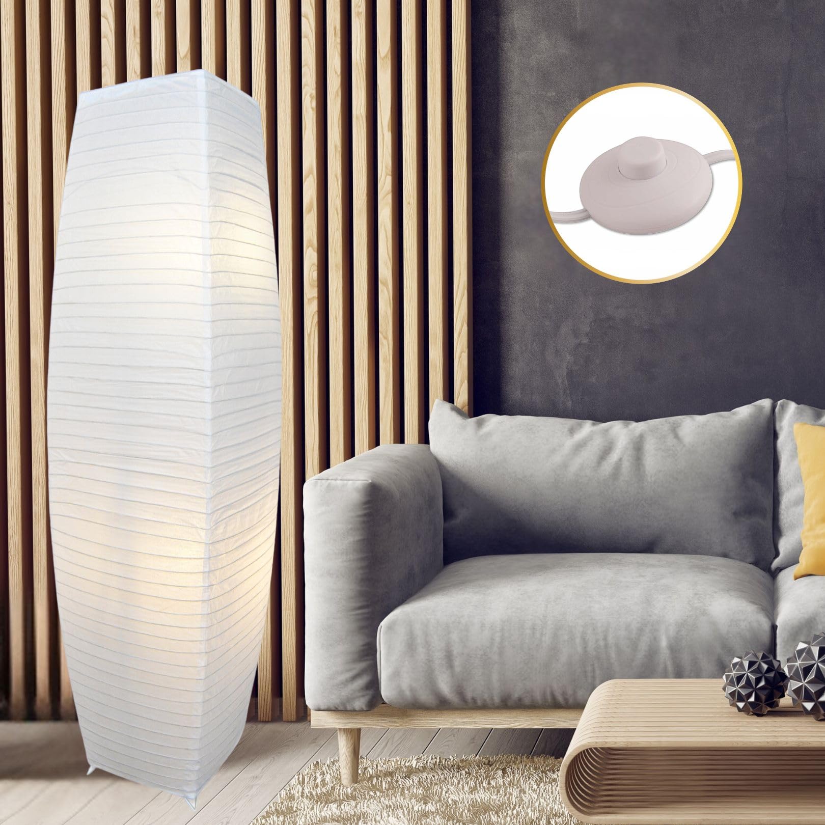 LIGHTACCENTS Japanese Style Rice Paper Floor Lamp - 50 Inches Tall, White Paper Shade, Chrome Base, On/Off Foot Switch - Ideal for Living Room