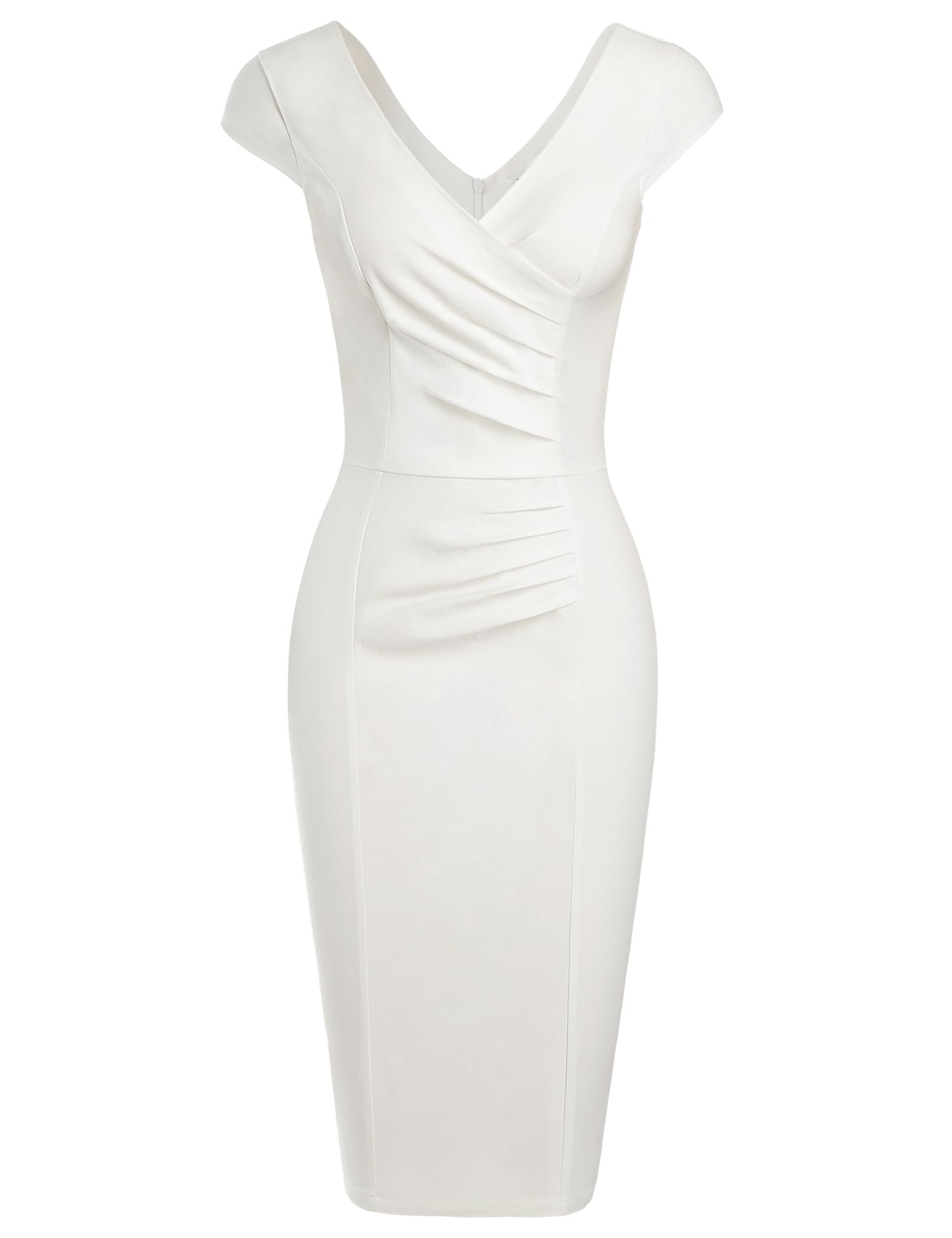 MUXXN Ladies Cut Out Neck High Stretch Pleated Wear to Work Midi Office Dress with Sleeve (Off White L)