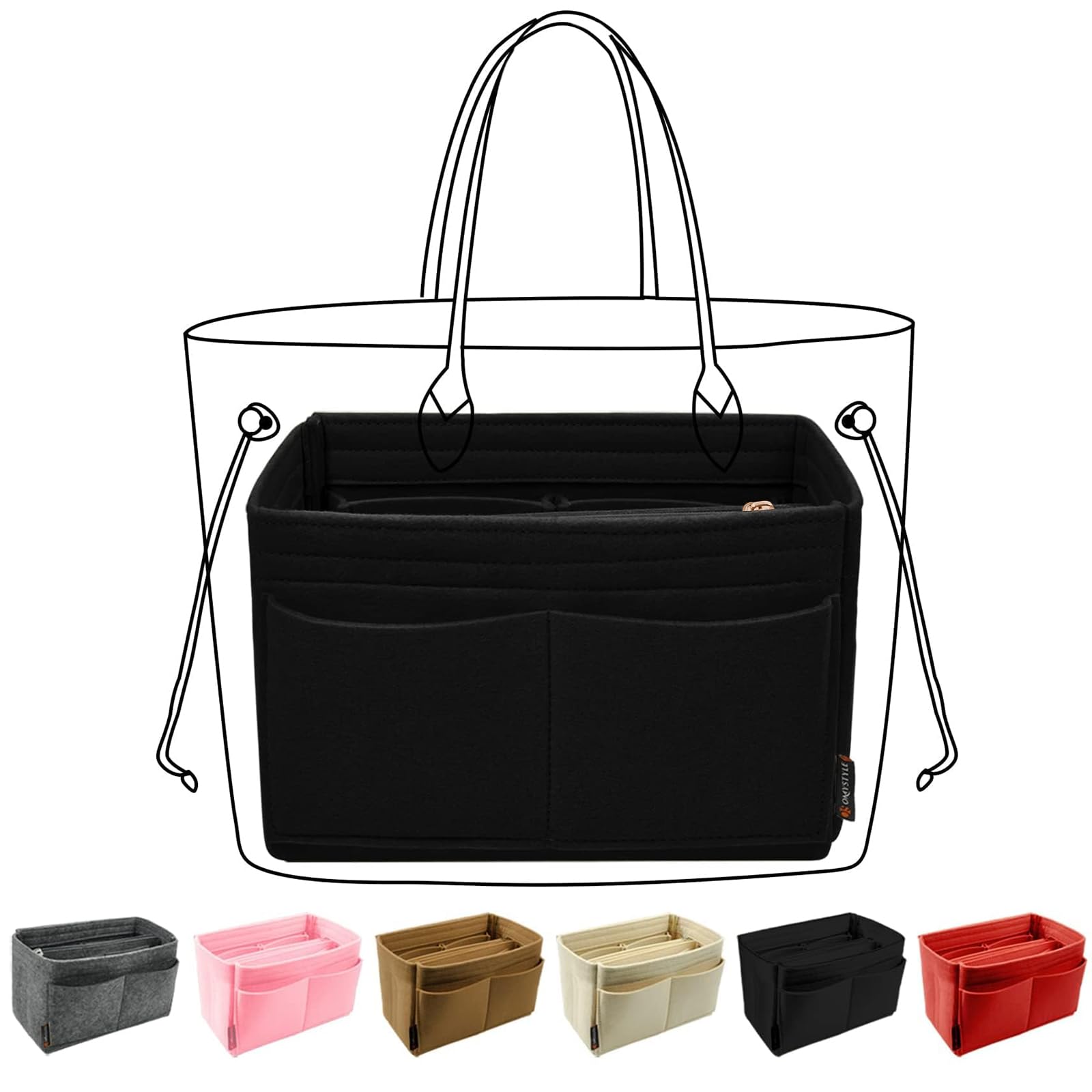 OMYSTYLE Black Organizer Insert, Felt Tote Bag Organizer Insert with 5 Sizes, Handbag Dividers for Inside Purse, Compatible with Longchamp, Neverful, Speedy and More