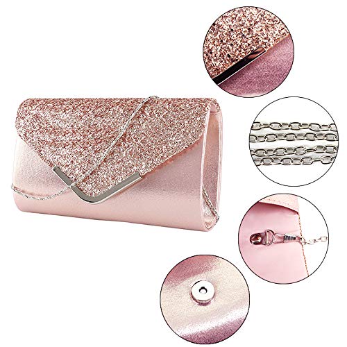 Danse Jupe Women Shiny Sequin Evening Purse Envelope Clutch Bag Crossbody Chain Bag for Wedding Party Pink