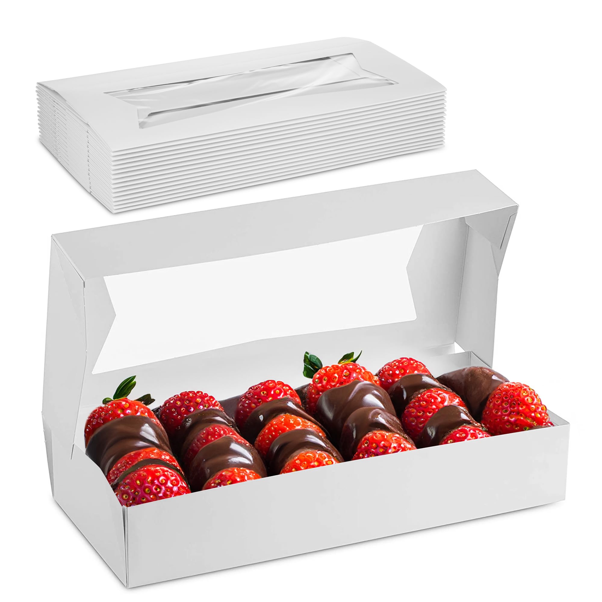 MT Products White Chocolate Covered Strawberry Boxes 12.5" x 5.5" x 2.25" - Bakery Boxes with Window - Pack of 15