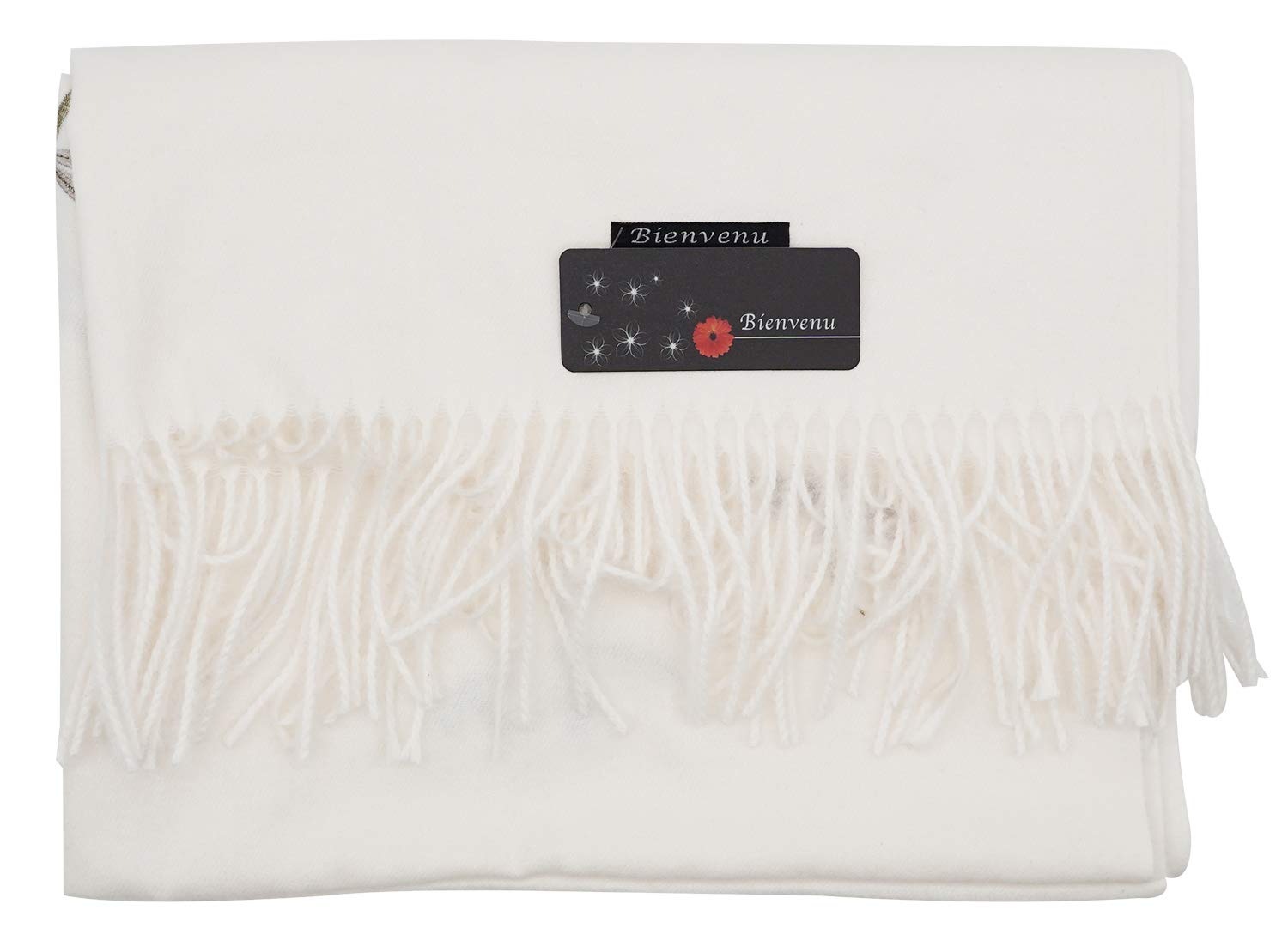 Bienvenu Dragonfly Detail Large Women Soft Cashmere Wool Wraps Shawls Stole Scarf,White
