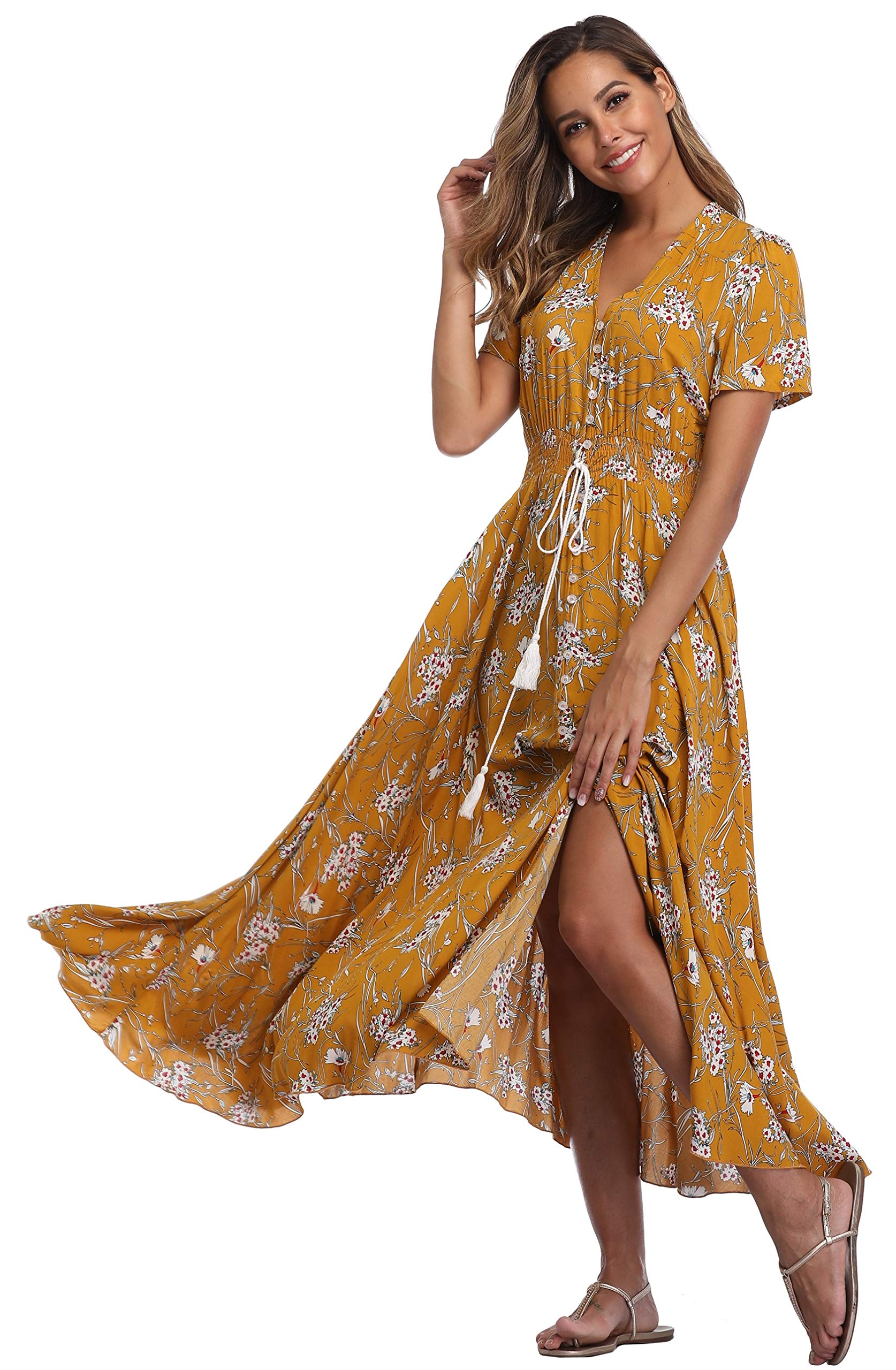 VintageClothing Women's Floral Maxi Dresses Boho Button Up Split Summer Casual Long Dress Beach Party Dress, L