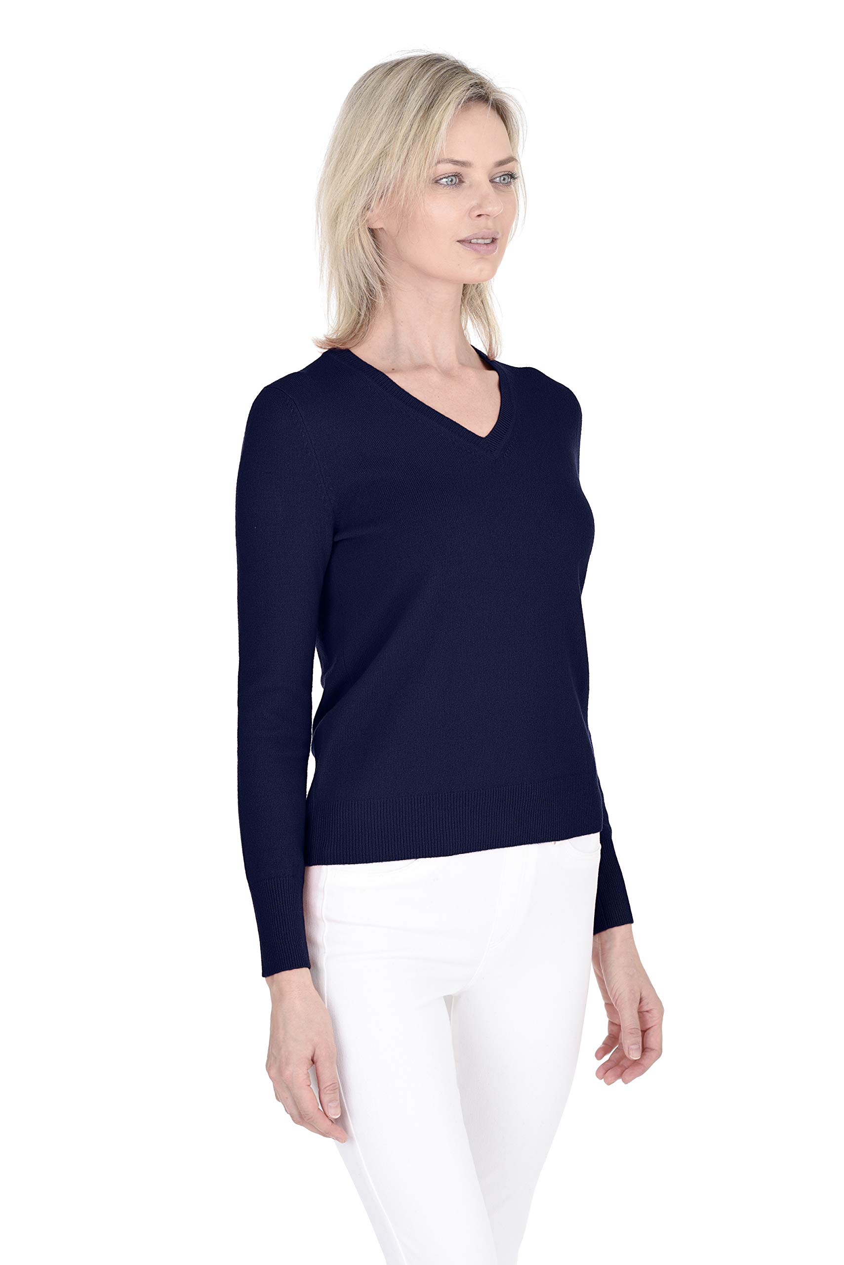 Cashmeren Women’s Essential Knit V-Neck Sweater 100% Merino Wool Long Sleeve Classic Pullover (Navy, Large)